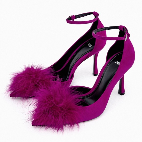 Zara | Shoes | Zara Feather Trim Leather Heels Fuchsia Nwt | Poshmark